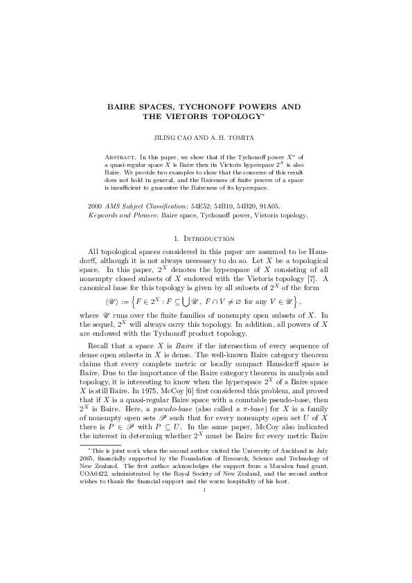 (PDF) Baire spaces, Tychonoff powers and the Vietoris topology
