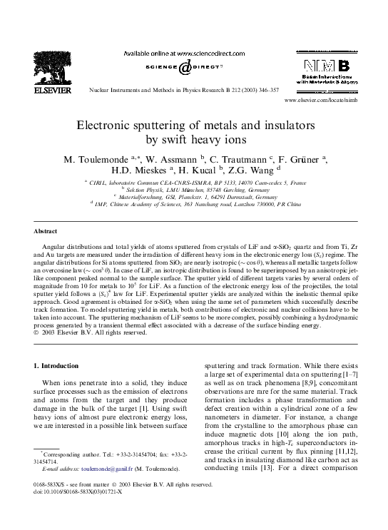 (PDF) Electronic sputtering of metals and insulators by swift heavy ions