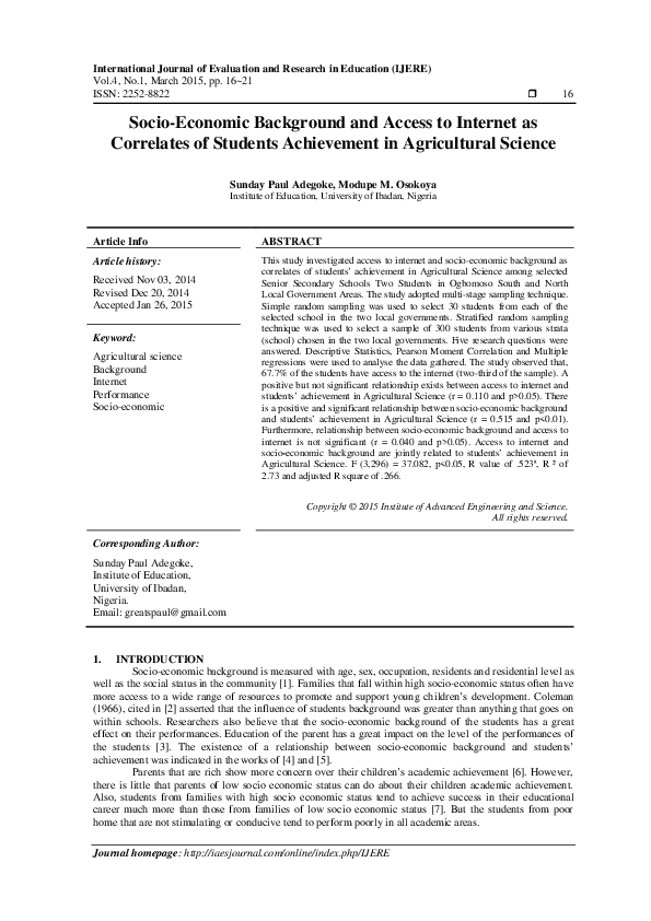 (PDF) Socio-Economic Background and Access to Internet as Correlates of ...