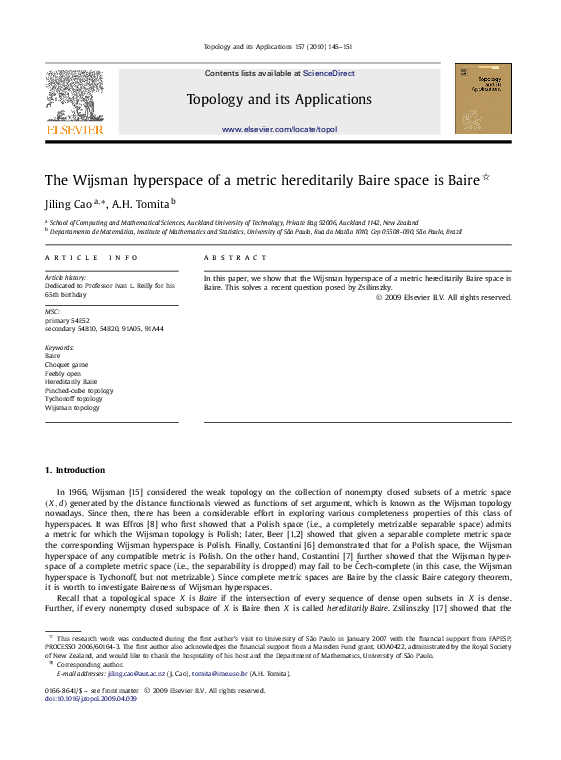 (PDF) The Wijsman hyperspace of a metric hereditarily Baire space is Baire