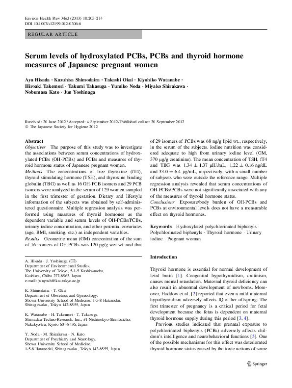 (PDF) Serum levels of hydroxylated PCBs, PCBs and thyroid hormone ...