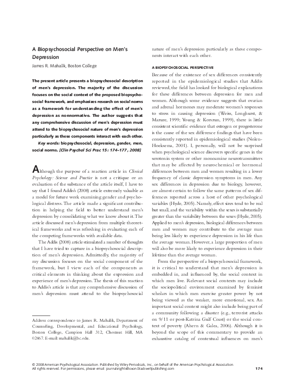 (PDF) A Biopsychosocial Perspective on Men's Depression | James R ...