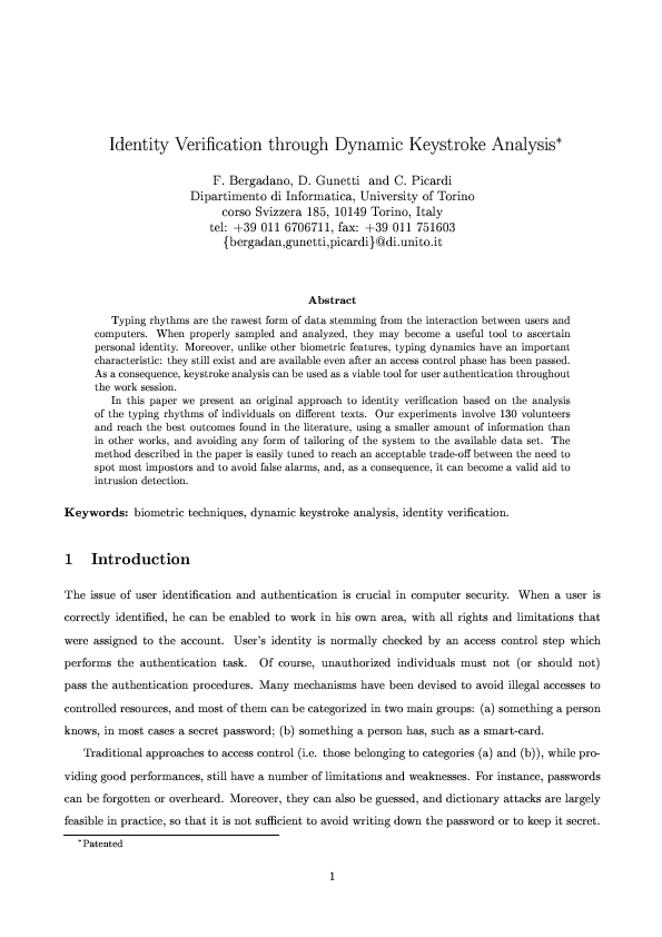 Pdf Identity Verification Through Dynamic Keystroke Analysis
