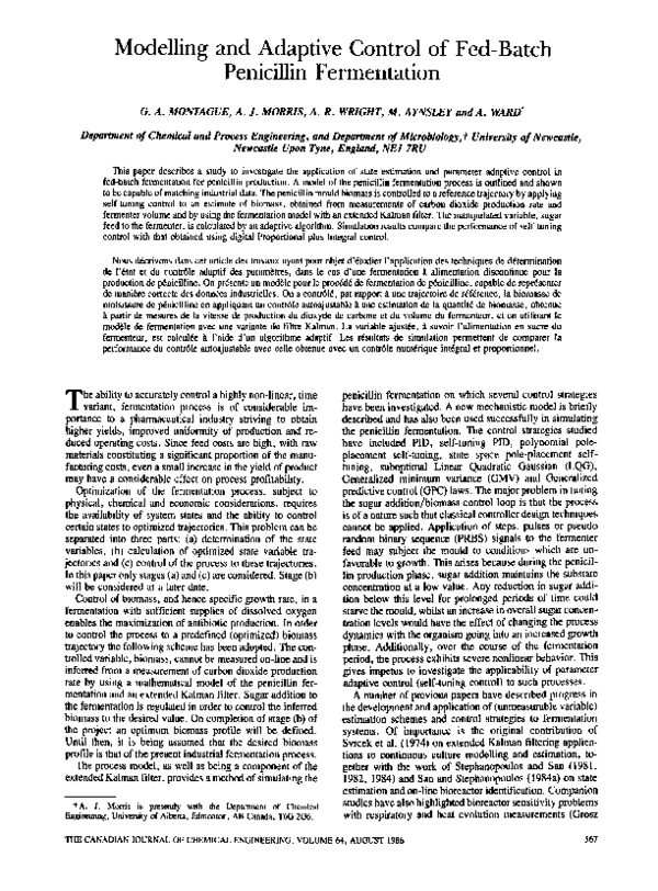 (PDF) Modelling and adaptive control of fed-batch penicillin fermentation