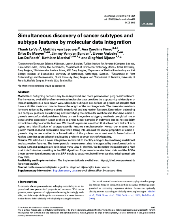 (PDF) Simultaneous discovery of cancer subtypes and subtype features by ...