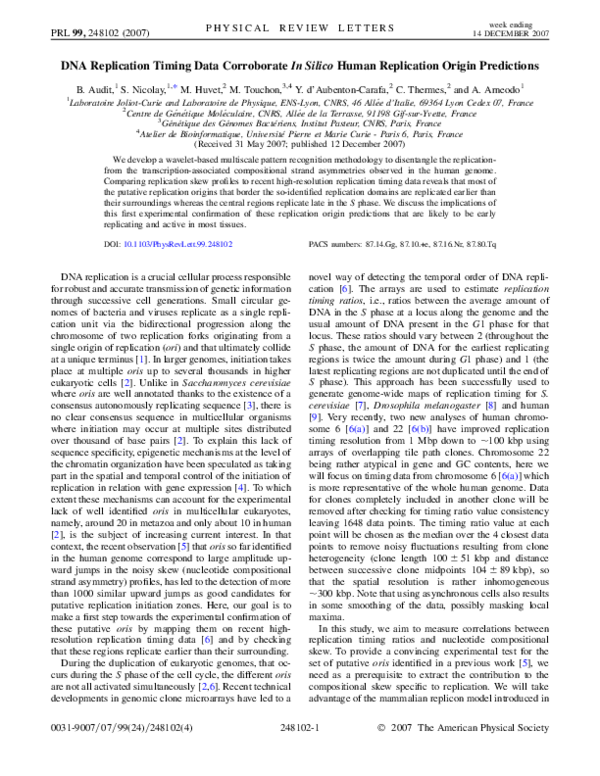 (PDF) DNA Replication Timing Data Corroborate In Silico Human ...