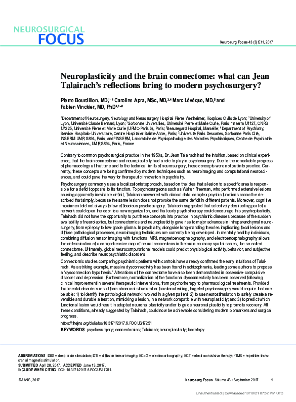 (PDF) Neuroplasticity and the brain connectome: what can Jean Talairach ...