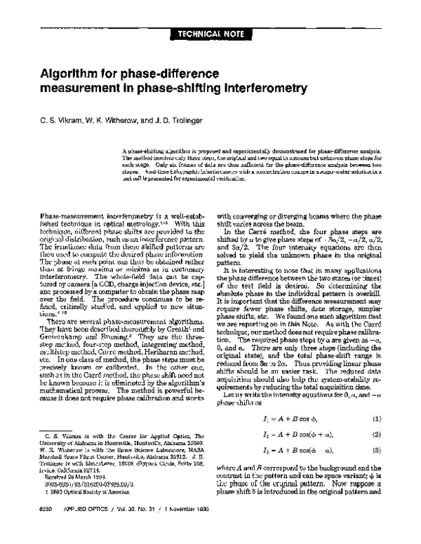 Pdf Algorithm For Phase Difference Measurement In Phase Shifting Interferometry James