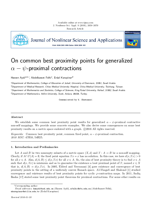 (PDF) On common best proximity points for generalized α−ψ -proximal contractions