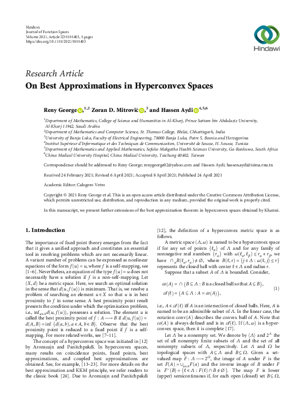Pdf On Best Approximations In Hyperconvex Spaces