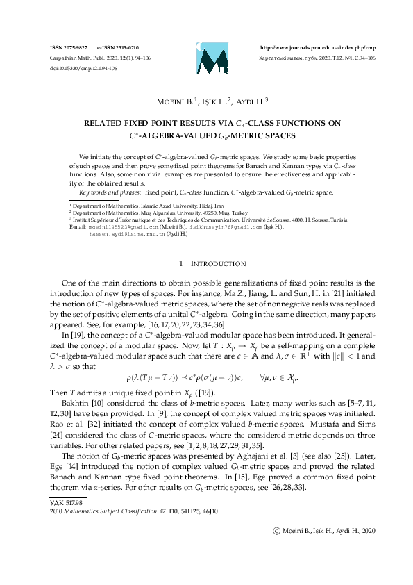 (PDF) Related fixed point results via $\mathit{C_{*}}$-class functions on $C^{*}$-algebra-valued ...