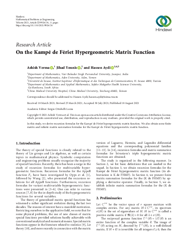 Pdf On The Kampé De Fériet Hypergeometric Matrix Function