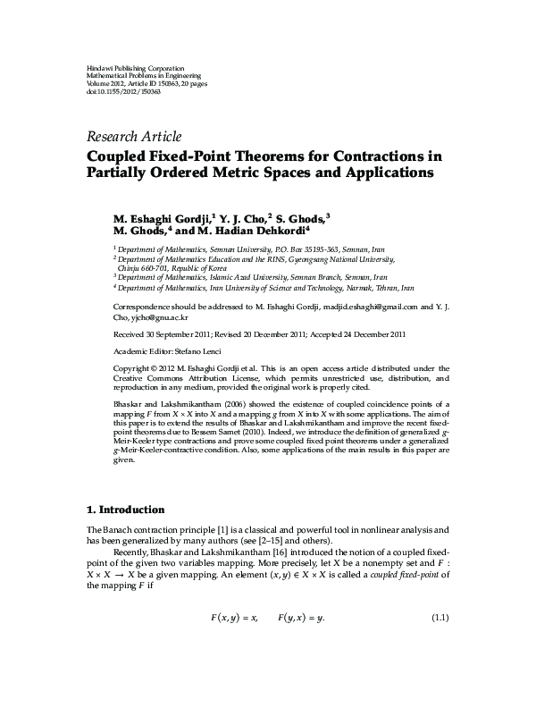 Pdf Coupled Fixed Point Theorems For Contractions In Partially Ordered Metric Spaces And