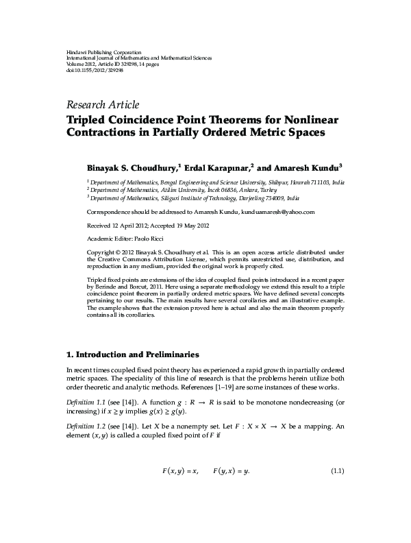 Pdf Tripled Coincidence Point Theorems For Nonlinear Contractions In Partially Ordered Metric