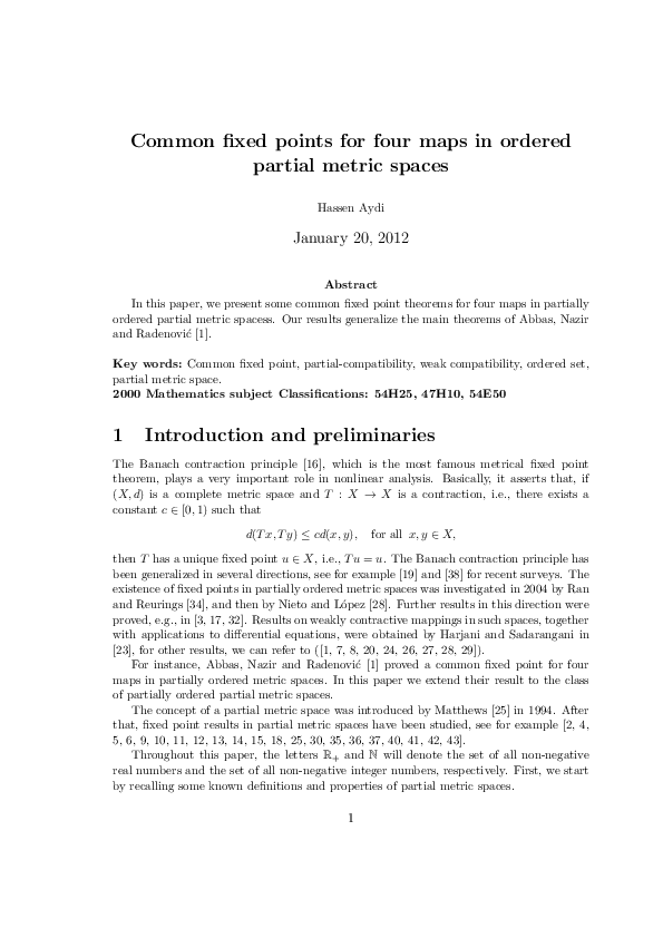 Pdf Common Fixed Points For Four Maps In Ordered Partial Metric Spaces