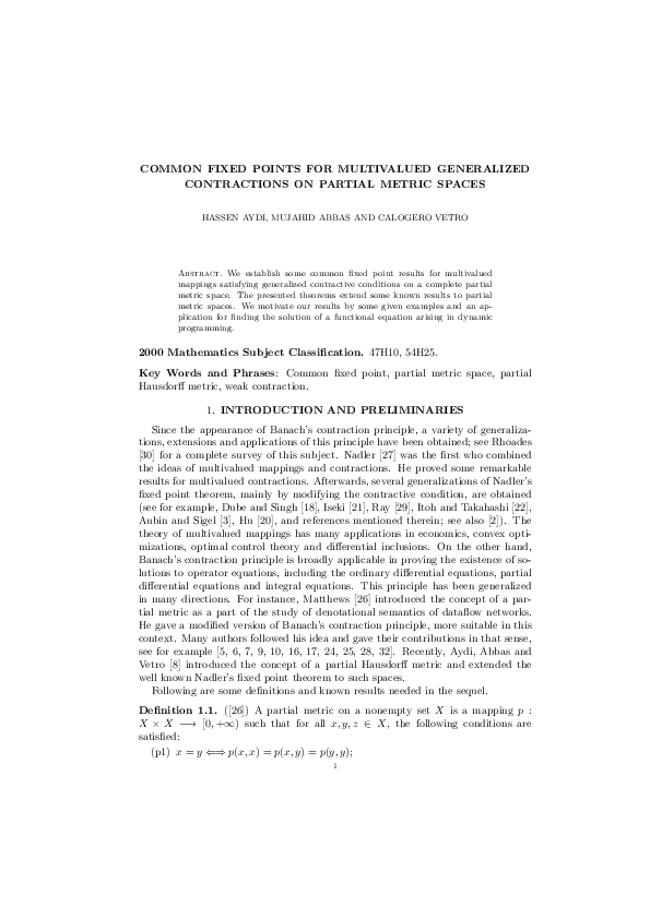 (PDF) Common fixed points for multivalued generalized contractions on partial metric spaces