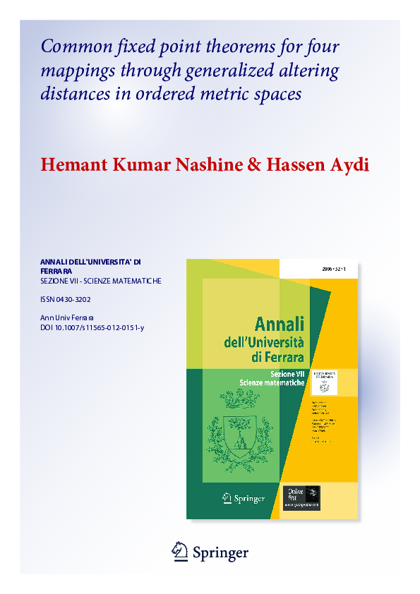 Pdf Common Fixed Point Theorems For Four Mappings Through Generalized Altering Distances In
