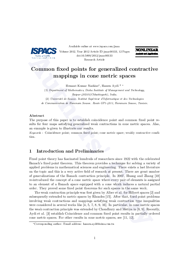 Pdf Common Fixed Points For Generalized Contractive Mappings In Cone