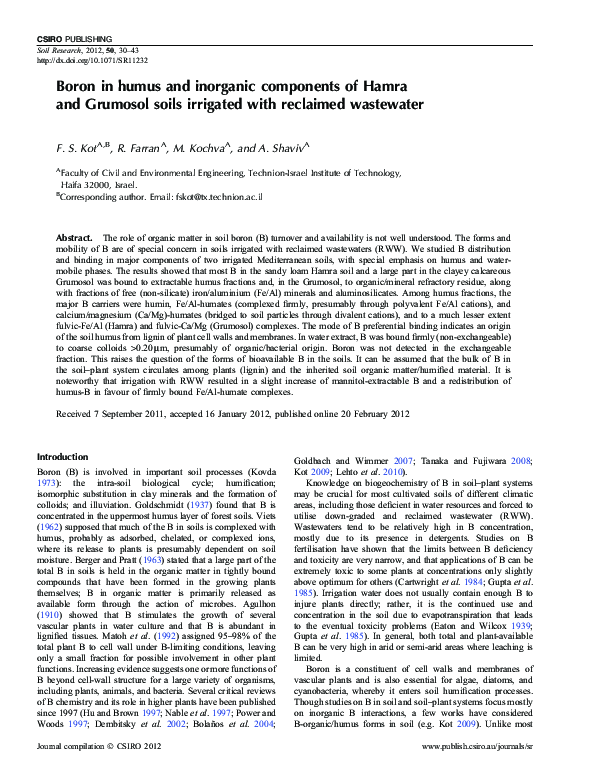 (PDF) Boron in humus and inorganic components of Hamra and Grumosol ...