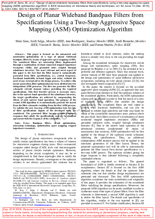 Pdf Design Of Planar Wideband Bandpass Filters From Specifications Using A Two Step Aggressive
