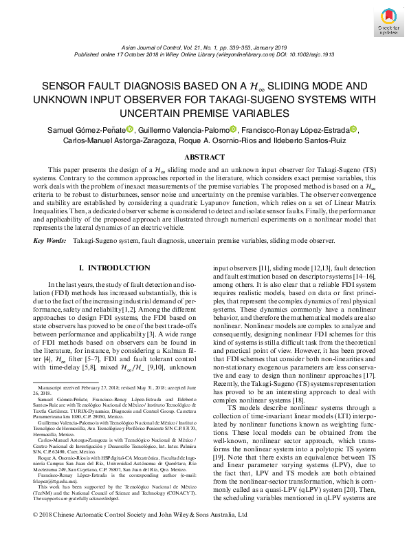 (PDF) Sensor Fault Diagnosis Based on a H∞ Sliding Mode and Unknown Input Observer for Takagi ...