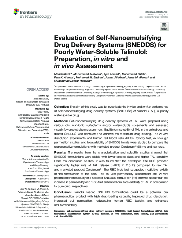 (PDF) Evaluation of Self-Nanoemulsifying Drug Delivery Systems (SNEDDS ...