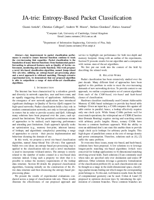 Pdf Ja Trie An Entropy Based Approach To Packet Classification