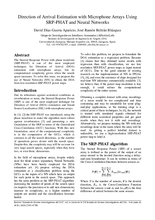 Pdf Doa Estimation Via Srp Phat And Neural Networks