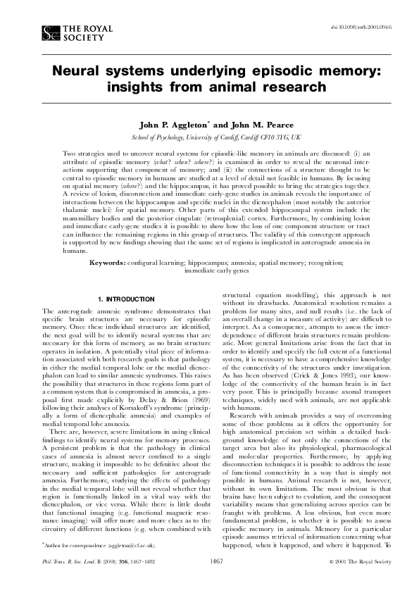 (PDF) Neural systems underlying episodic memory: insights from animal ...