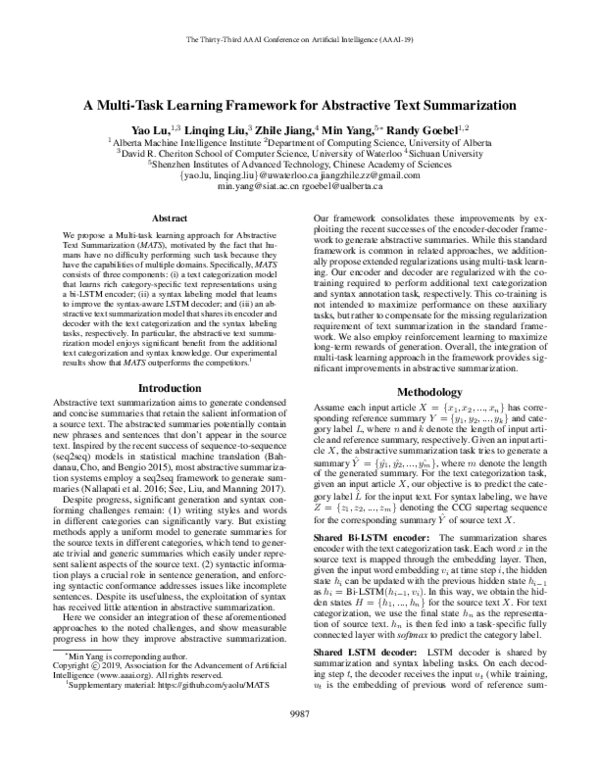 (PDF) A Multi-Task Learning Framework for Abstractive Text Summarization