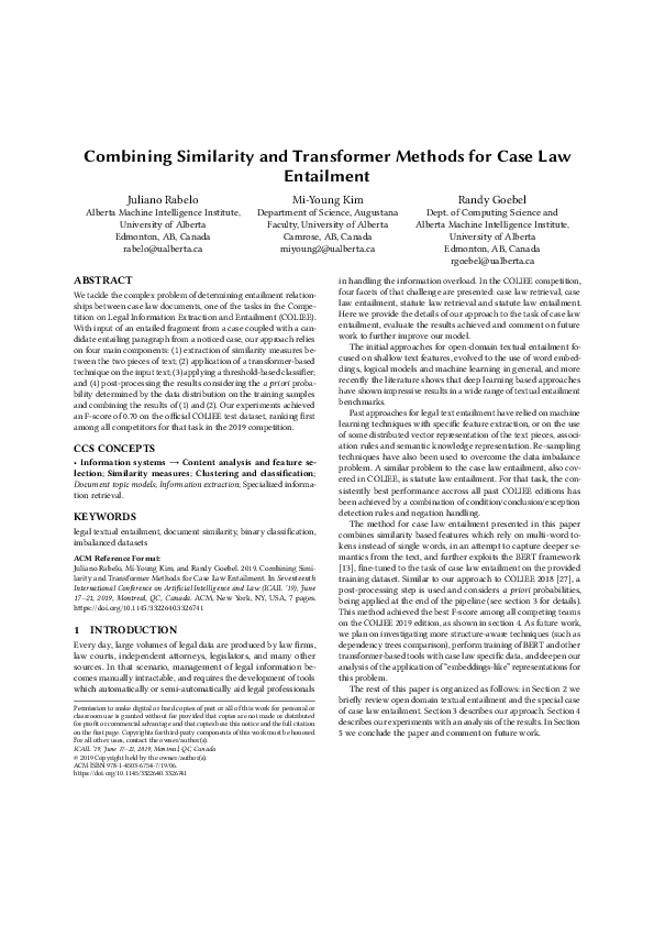 (PDF) Combining Similarity and Transformer Methods for Case Law Entailment