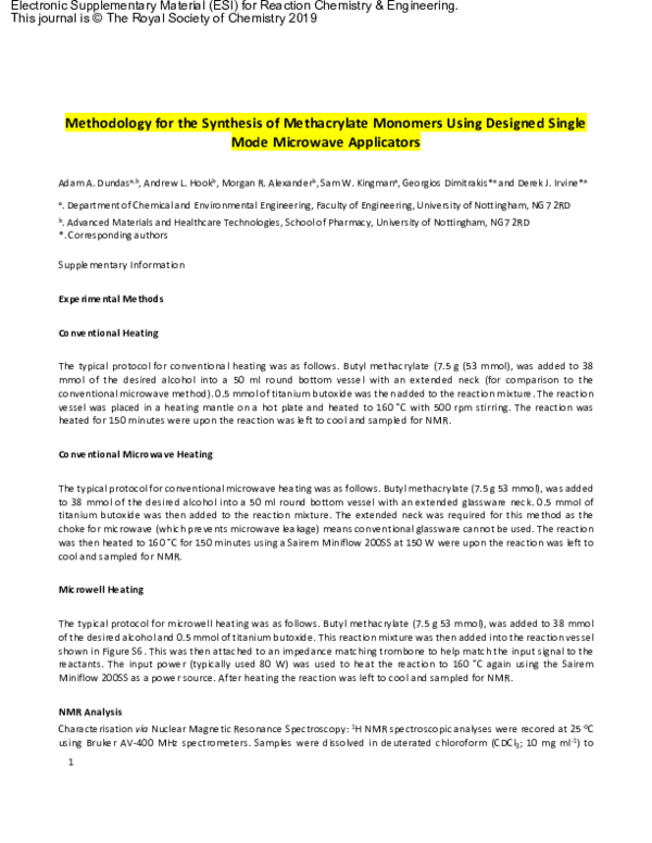 (PDF) Methodology for the synthesis of methacrylate monomers using designed single mode ...