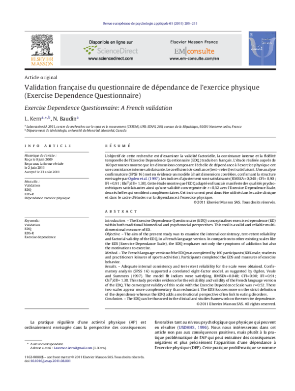 (PDF) Validation française du questionnaire de dépendance de l’exercice ...