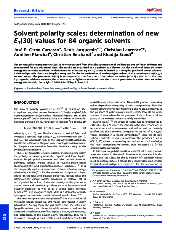 (PDF) Solvent polarity scales: determination of new E T (30) values for ...