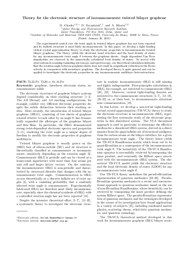 Pdf Theory For The Electronic Structure Of Incommensurate Twisted Bilayer Graphene