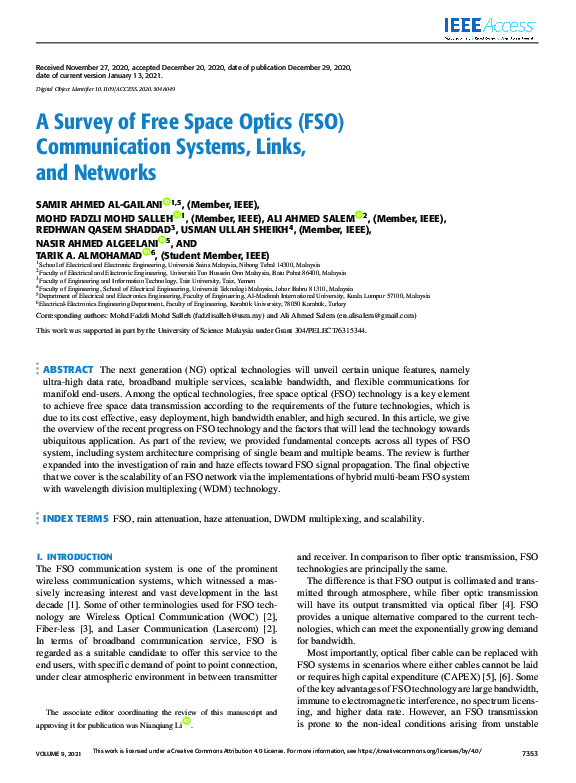 (PDF) A Survey of Free Space Optics (FSO) Communication Systems, Links ...