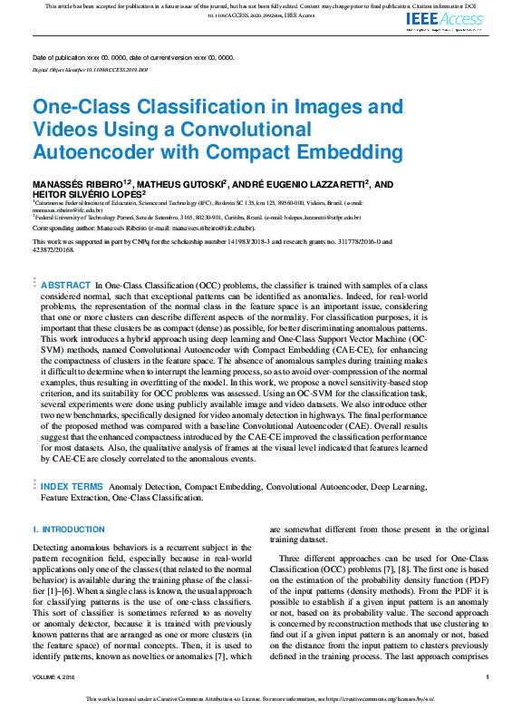 Pdf One Class Classification In Images And Videos Using A Convolutional Autoencoder With