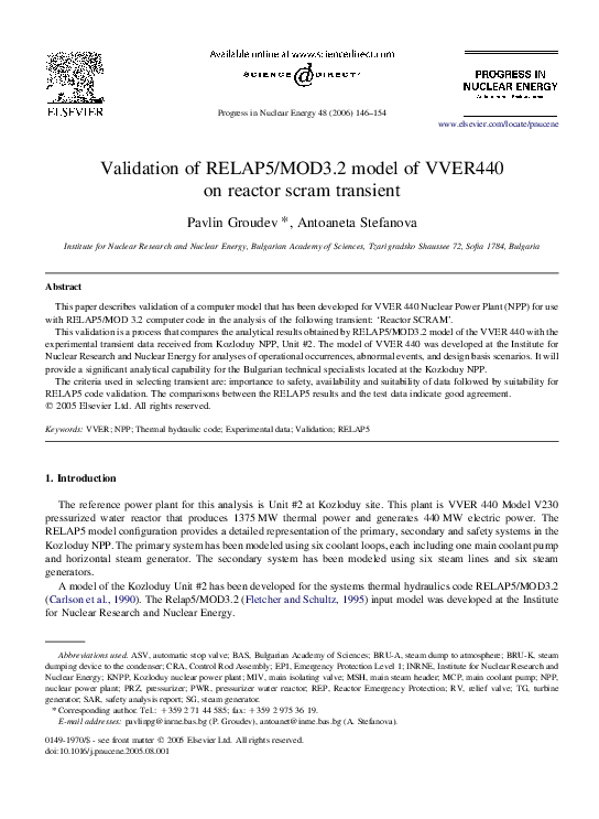 (PDF) Validation of RELAP5/MOD3.2 model of VVER440 on reactor scram transient
