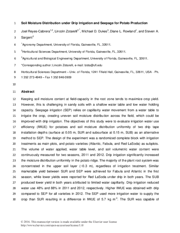 (PDF) Soil moisture distribution under drip irrigation and seepage for potato production