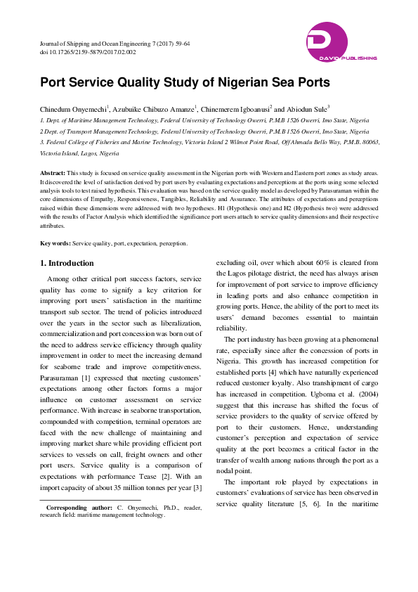 (PDF) Port Service Quality Study of Nigerian Sea Ports