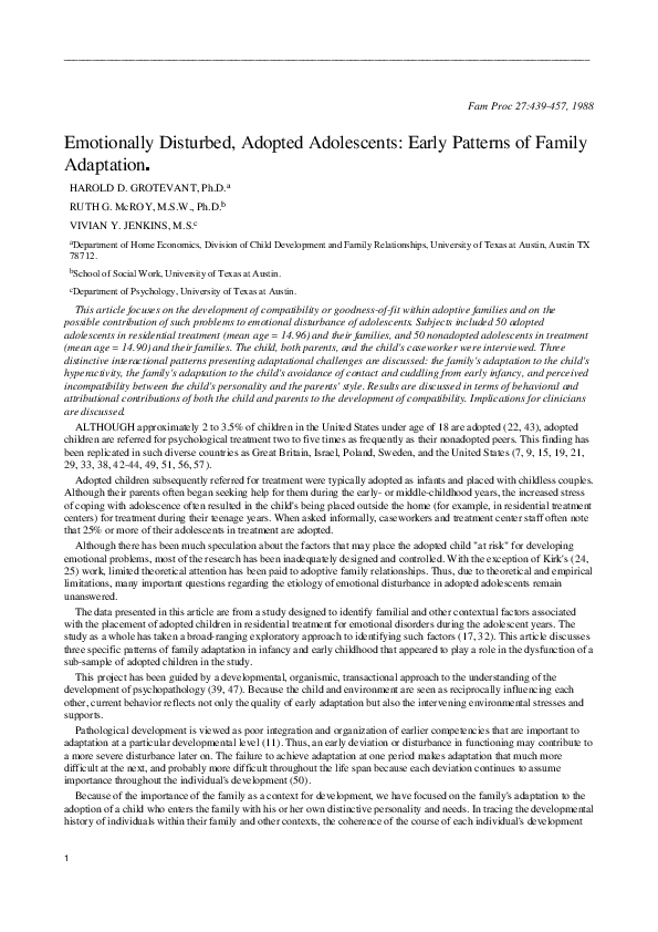 (PDF) Emotionally Disturbed, Adopted Adolescents: Early Patterns of ...