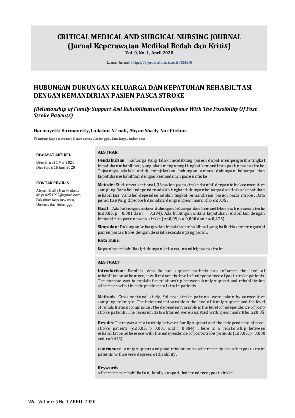(PDF) Hubungan Dukungan Keluarga Dan Kepatuhan Rehabilitasi Dengan Kemandirian Pasien Pasca Stroke