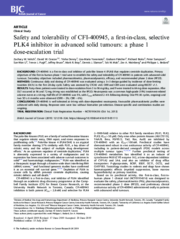 (PDF) Safety and tolerability of CFI-400945, a first-in-class ...