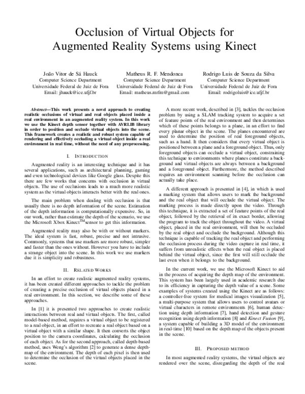 (PDF) Occlusion of Virtual Objects for Augmented Reality Systems using Kinect