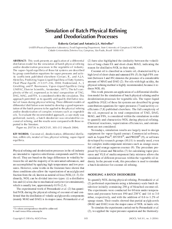 (PDF) Simulation of batch physical refining and deodorization processes