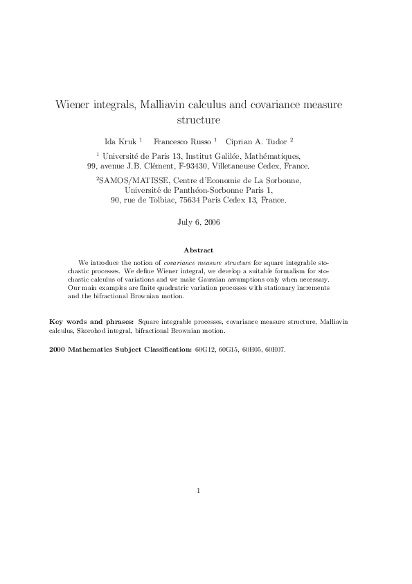 Pdf Wiener Integrals Malliavin Calculus And Covariance Measure Structure