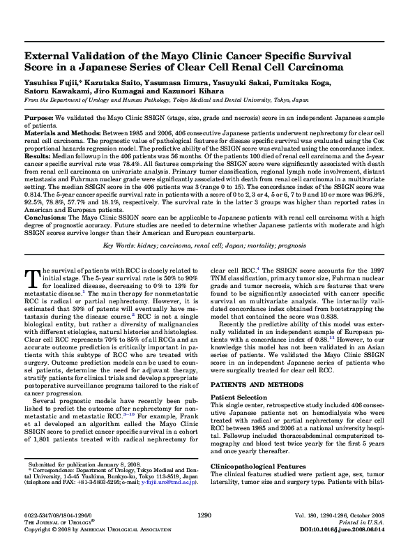 (PDF) External Validation of the Mayo Clinic Cancer Specific Survival ...