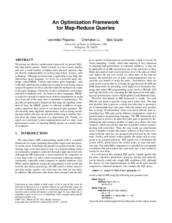 Pdf An Optimization Framework For Map Reduce Queries