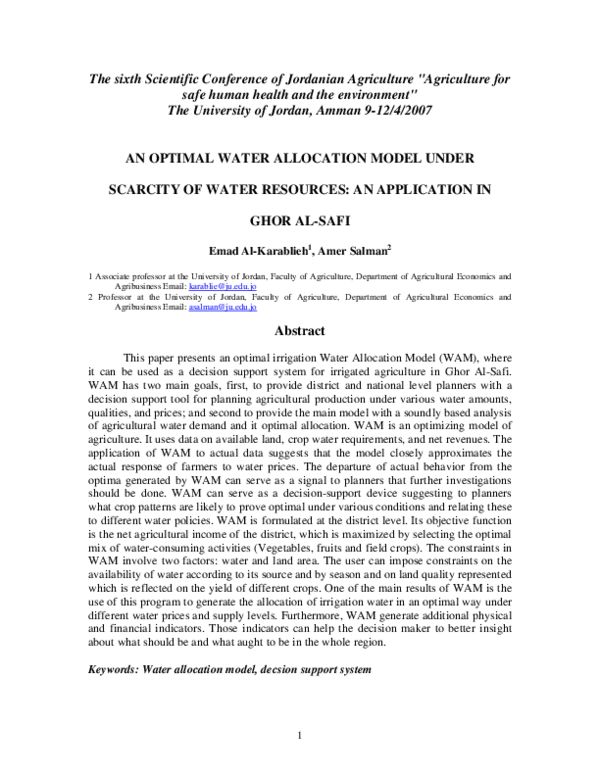 (PDF) An Optimal Water Allocation Model Under Scarcity of Water Resources: An Application in ...