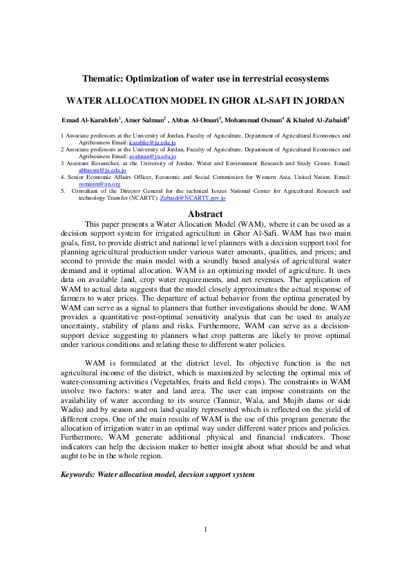 (PDF) Water Allocation Model in Ghor Al-Safi in Jordan